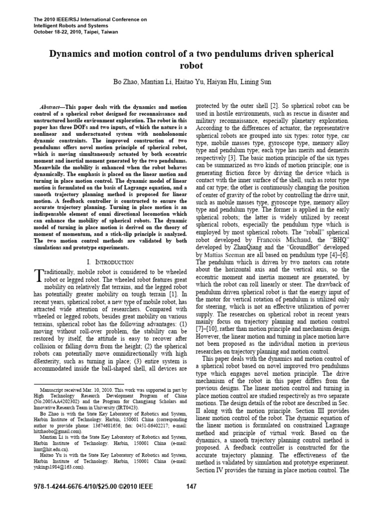 Dynamics and Motion Control of A Two Pendulums Driven Spherical Robot | PDF | Rotation | Force