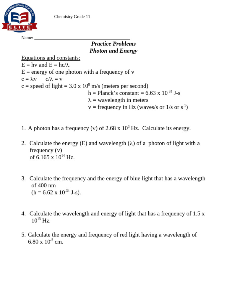 Grade 11 Chemistry: Photon Energy Problems | PDF