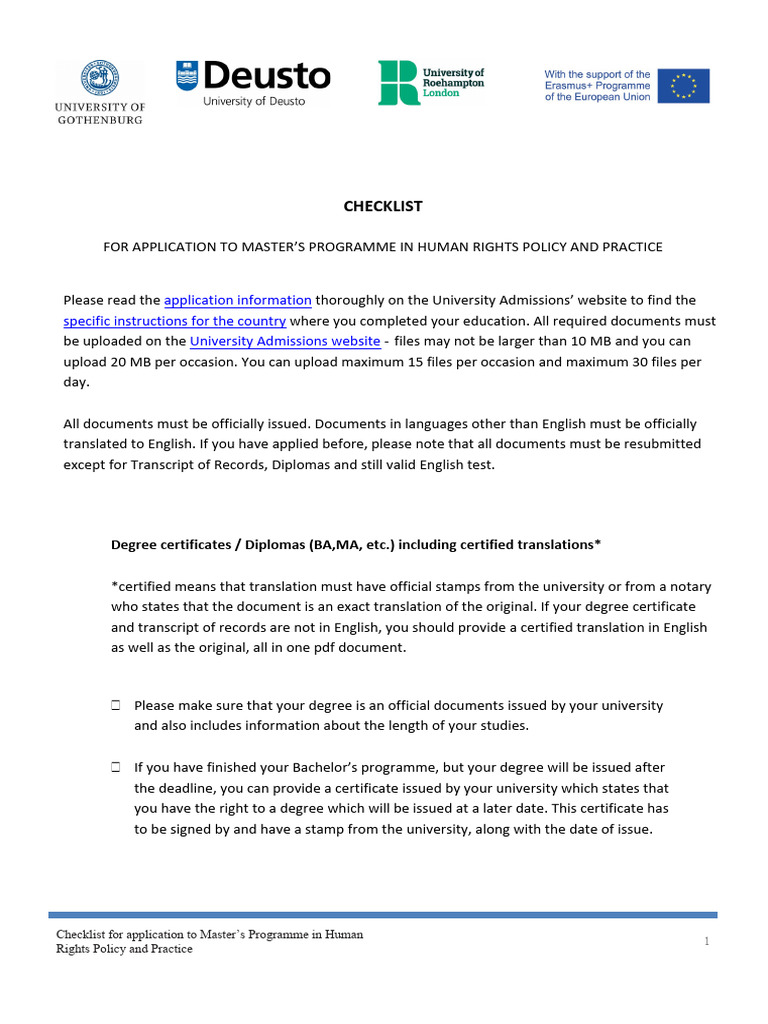Checklist For Application 2024 | PDF | Academic Degree | University And ...