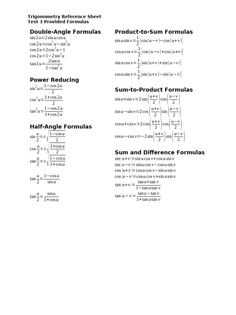 Trig Ref Sheet | PDF | Trigonometry | Triangle Geometry