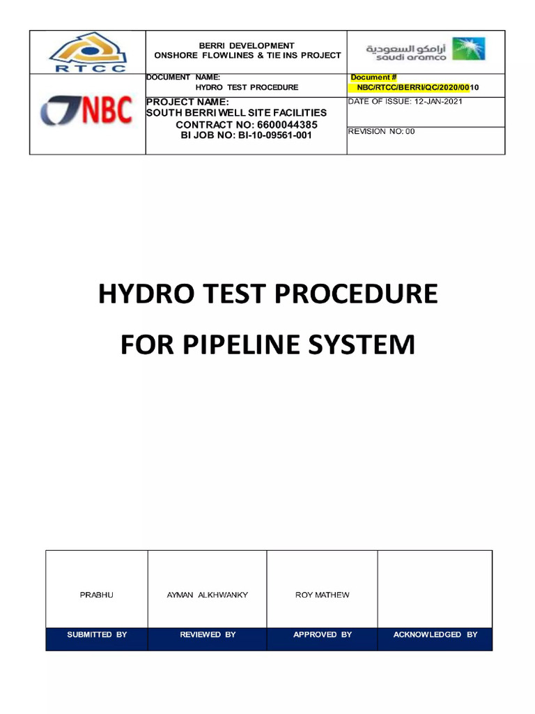 Hydrotest Procedure For Pipeline System 01 | PDF