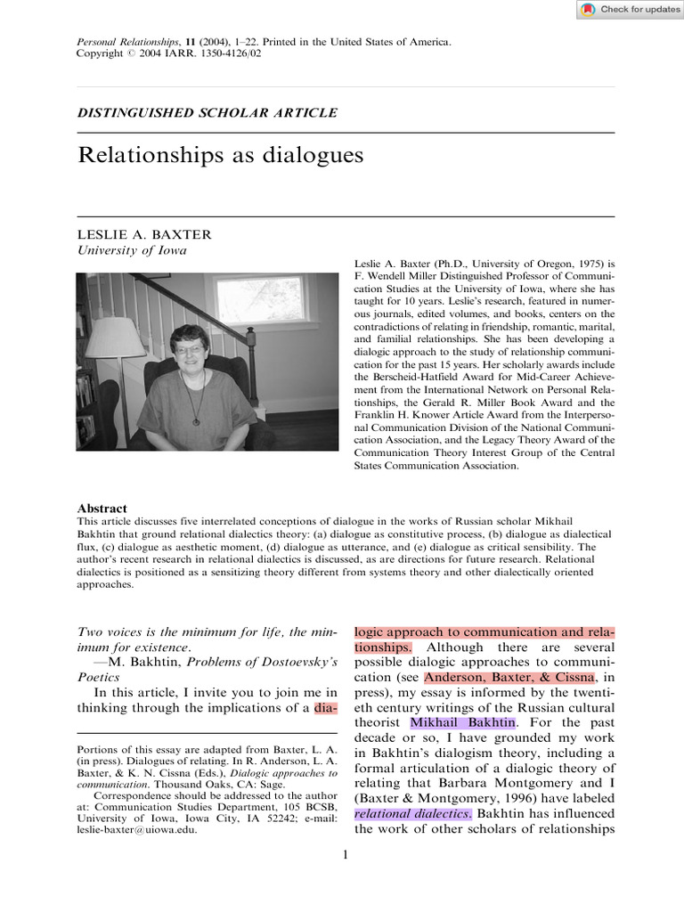 Leslie Baxter (2004) - Relationships As Dialogues | PDF