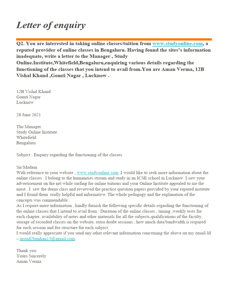 Letter of Enquiry | PDF | Business | Computers