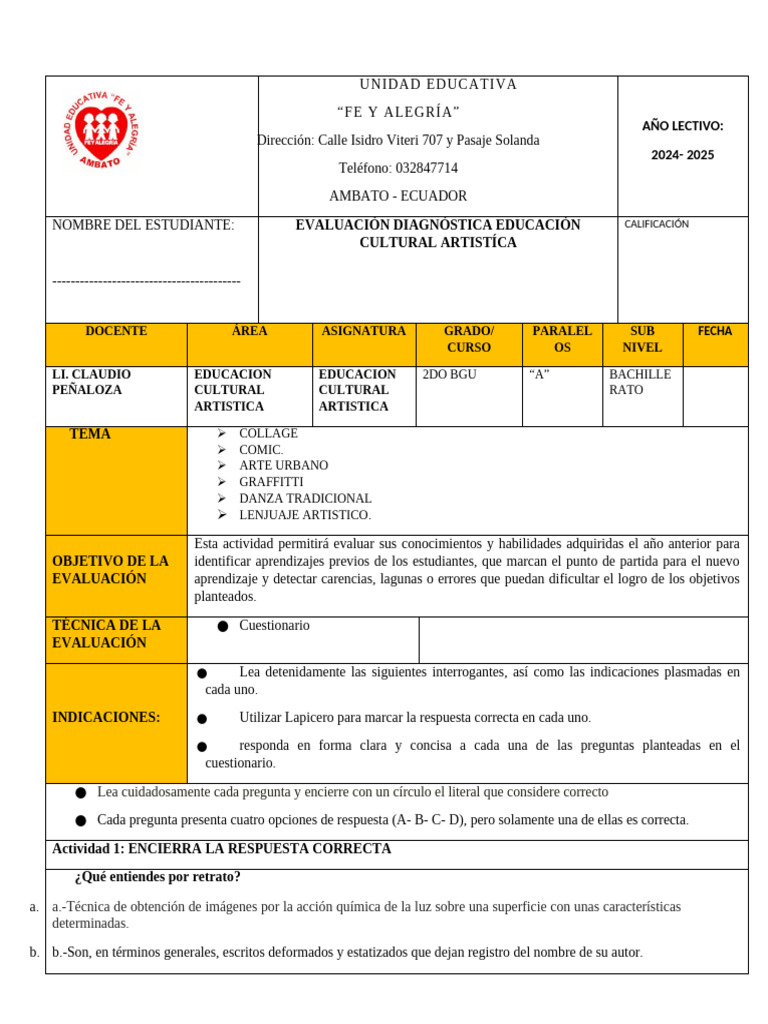Evaluacion Diagnostica Eca 2do Bgu | PDF | Evaluación | Arte de performance