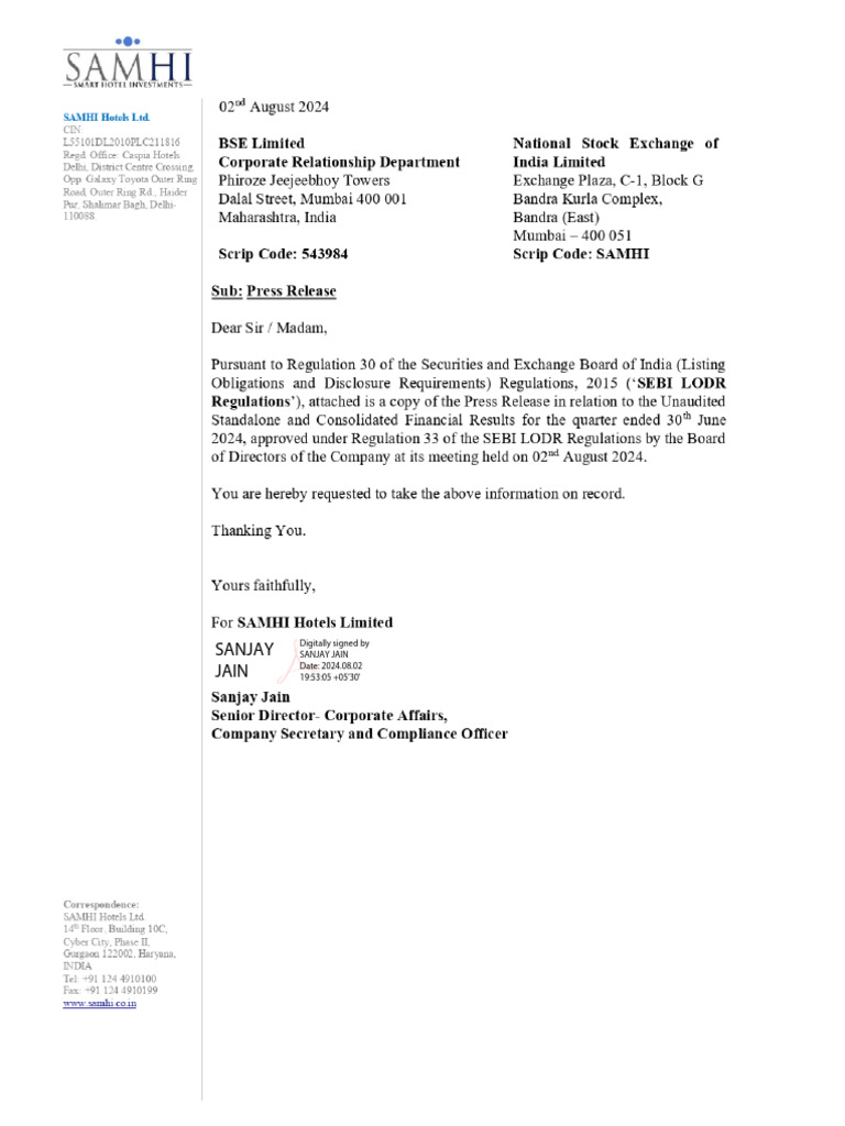 SAMHI PressRelease Q1FY25-2-1 | PDF | Economies