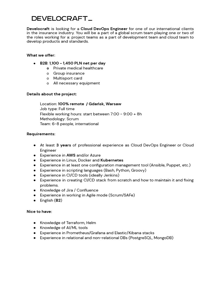 Cloud DevOps Engineer - 100% Remote - Develocraft | PDF | Computers