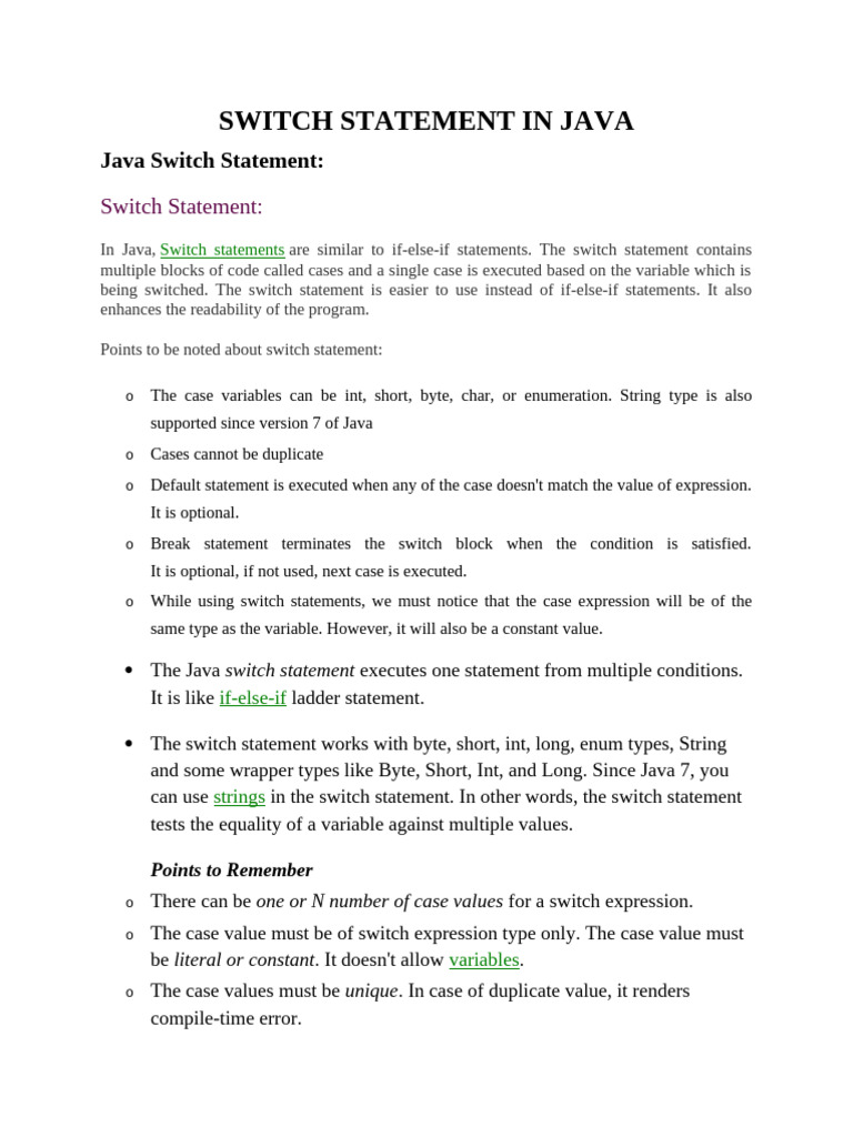 7.0java Switch Statement | PDF | Integer (Computer Science) | Control Flow