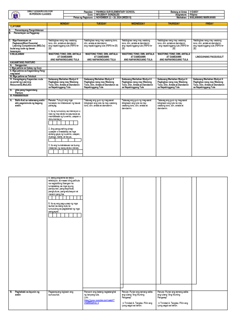 DLL FILIPINO (MELCs) W5 | PDF