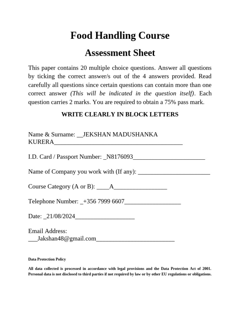 Online Food Handling Questions Sheet | PDF | Food Safety | Foods