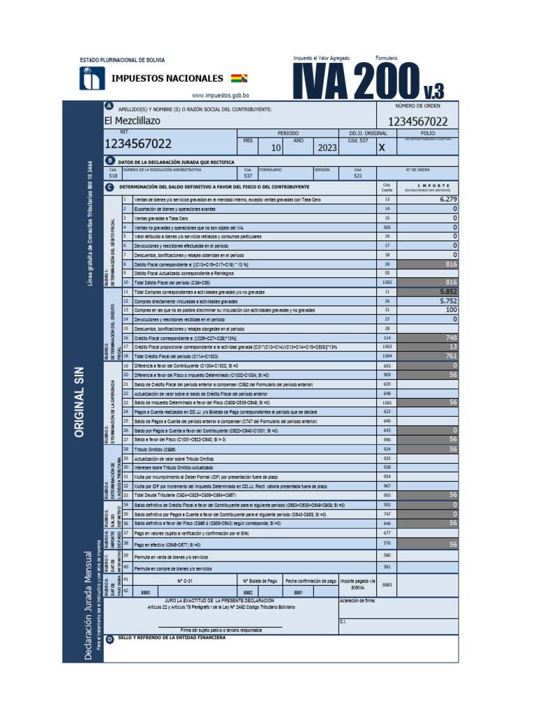 Formulario 200 IVA Bolivia 2023 | PDF | Impuesto al valor agregado ...