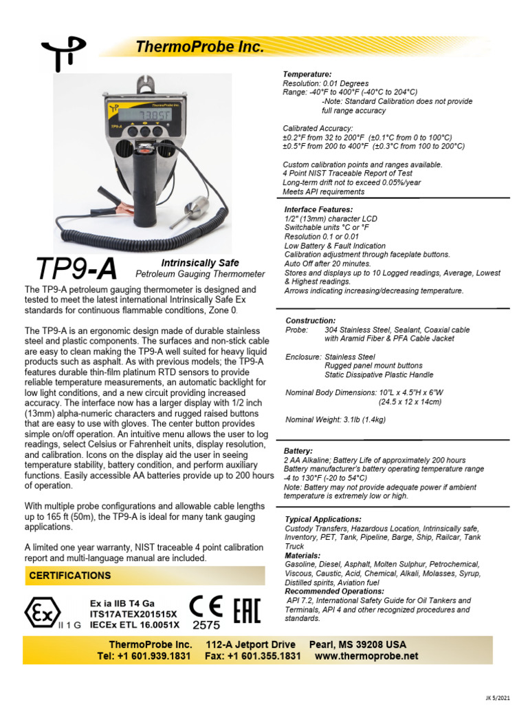 TDS Dig Gauging Thermometer TP9-A-Data-Page-REV6 | PDF | Calibration | Thermometer