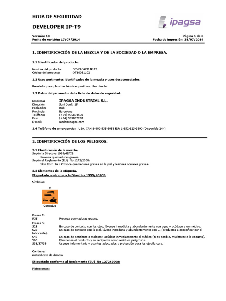 QT10031102 - DEVELOPER IP-T9 (Español) | PDF | Química