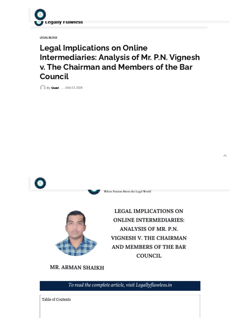 Legal Implications On Online Intermediaries - Analysis of Mr. P.N. Vignesh v. The Chairman and ...