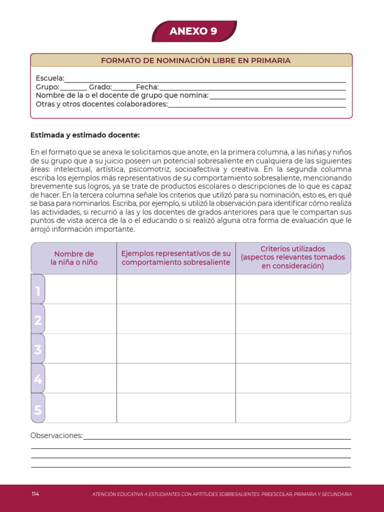 ANEXO 9. - Formato de Nominación Libre en Primaria. | PDF