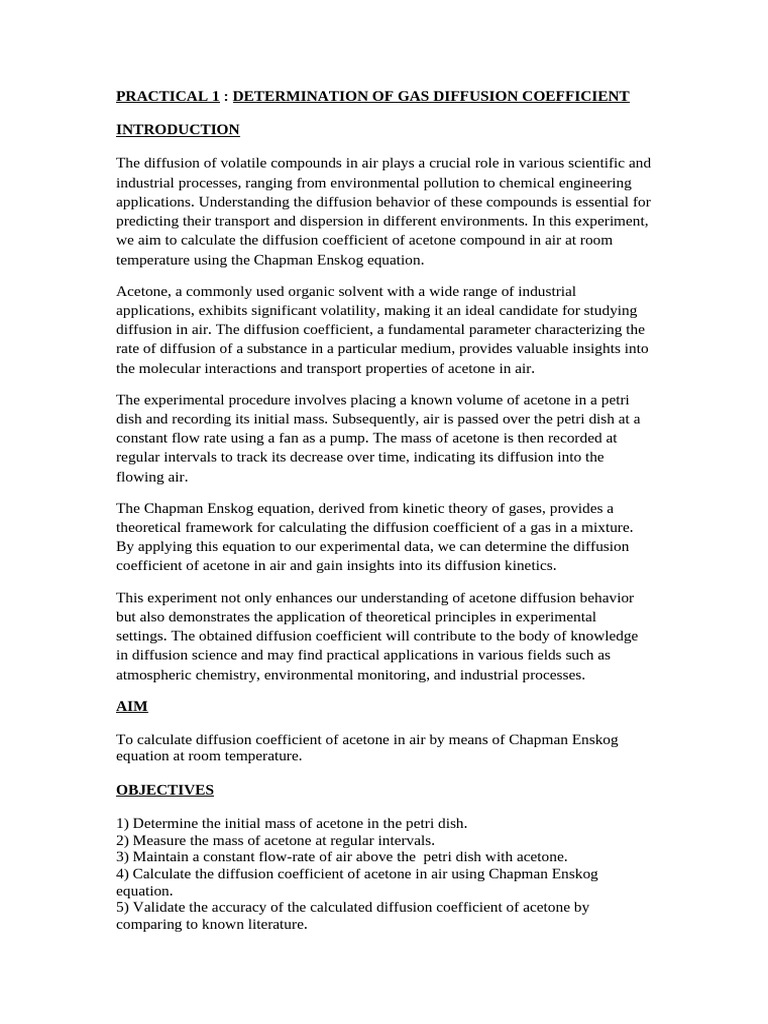 Acetone Diffusion Coefficient Experiment | PDF | Diffusion | Gases