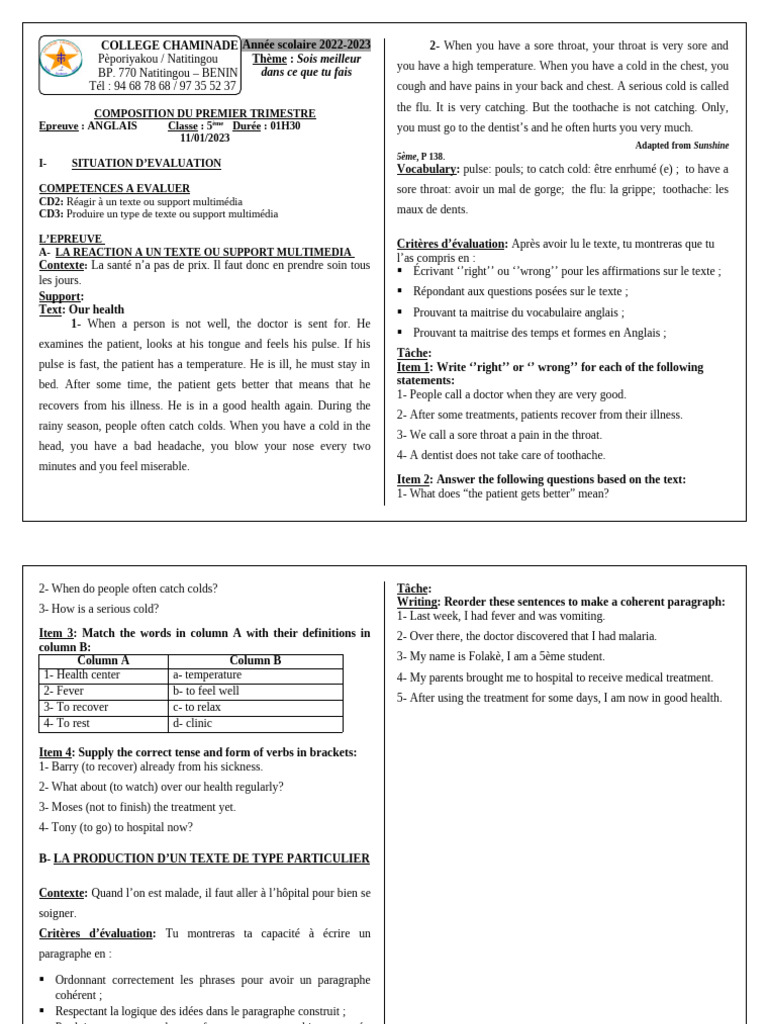 Devoir Anglais 5e OUR Health | PDF | Common Cold | Causes Of Death