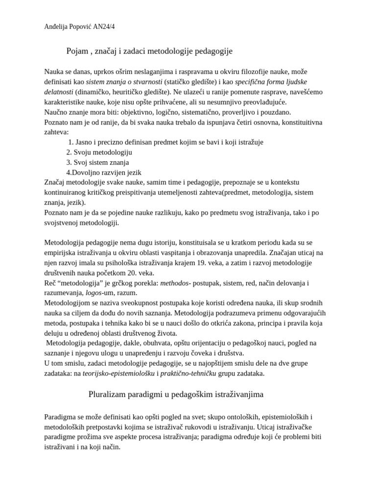Pojam, Značaj I Zadaci Metodologije, Pluralizam Paradigmi | PDF