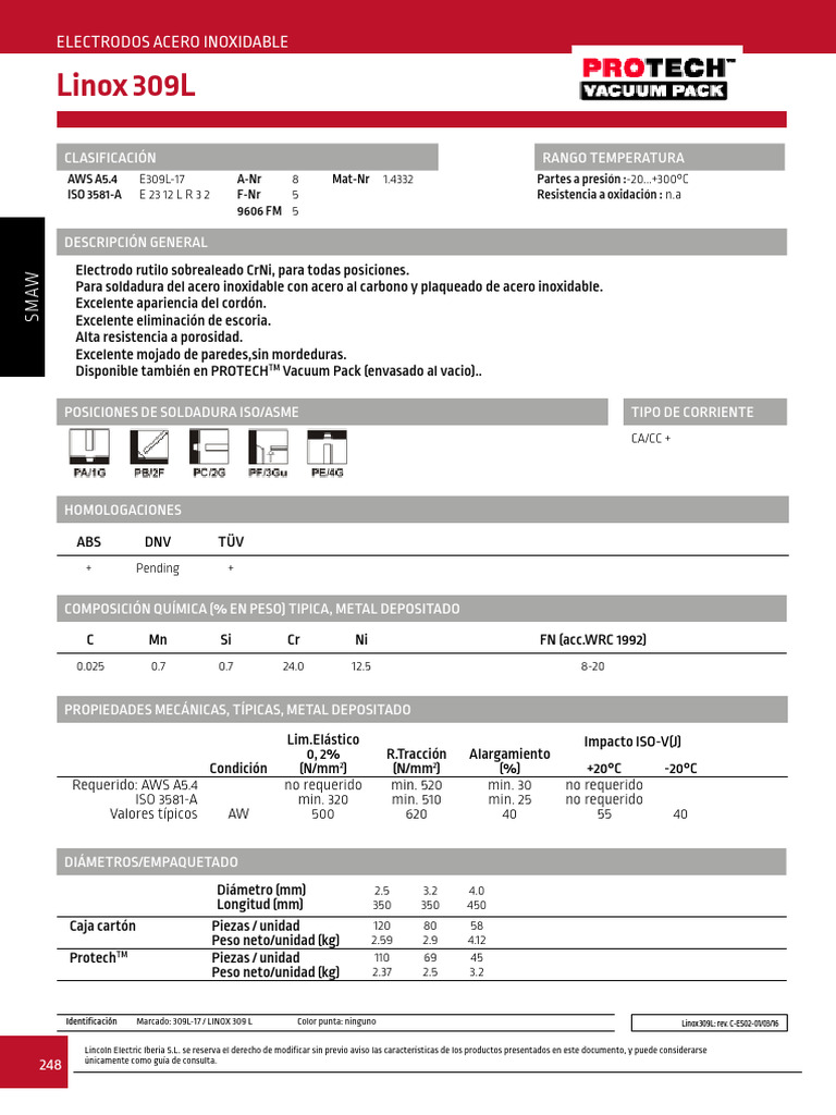 Ficha de Producto Linox 309L | PDF | Soldadura | Construcción