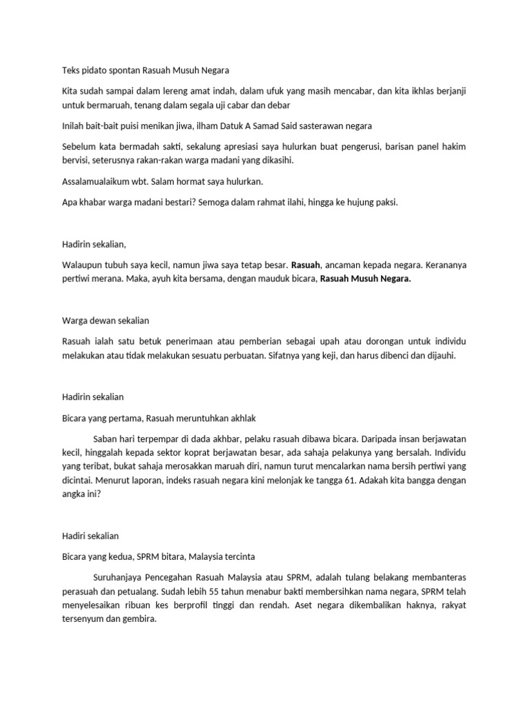 Teks Pidato Spontan Rasuah Musuh Negara | PDF | Ilmu Sosial