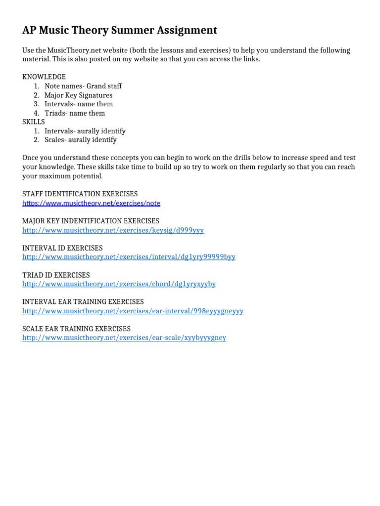 Ap Music Theory Summer Assignment Packet | PDF | Career & Growth