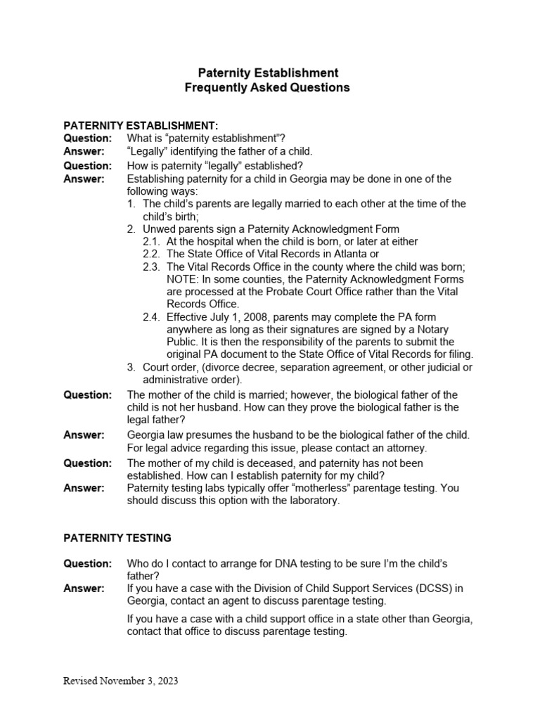 Paternity Establishment FAQs 11.3.23 | PDF | Father | Parenting