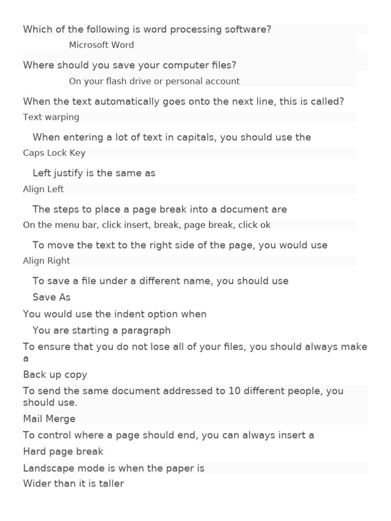 Quiz For Word and Excell | PDF | Microsoft Excel | Microsoft Word