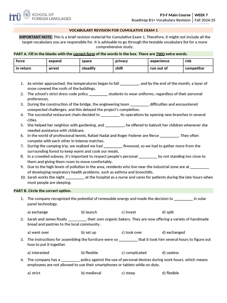P3-F Main Course Vocabulary Revision For Cumulative 1 | PDF