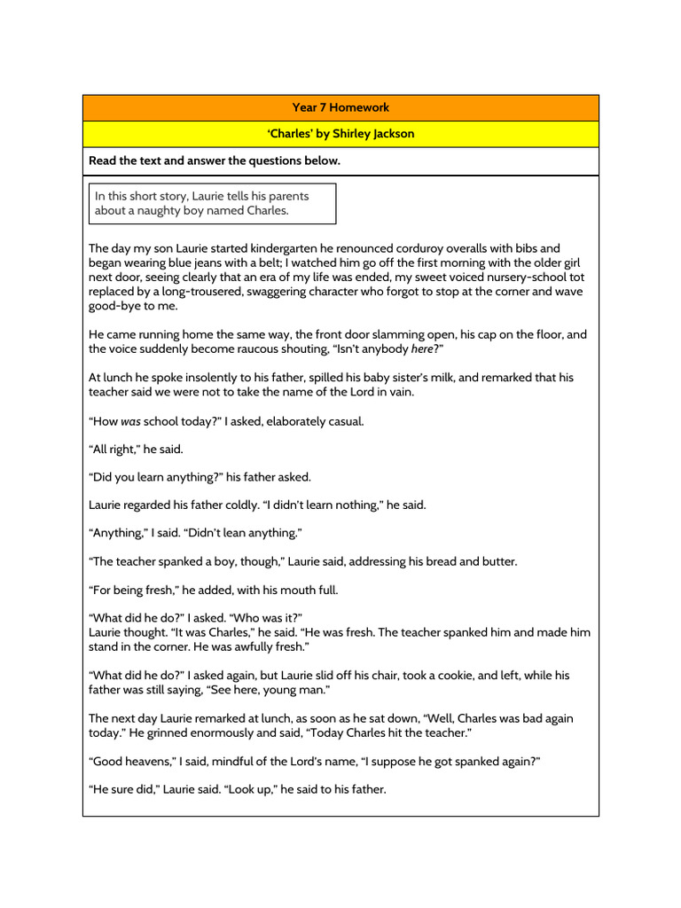 Year 7 Homework 6 Reading Charles | PDF