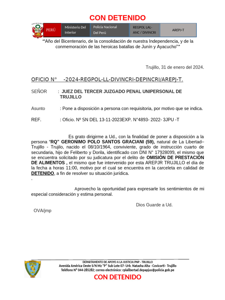 OFICIO PONE A DISPOSICION A RQ | PDF | Gobierno | Derecho penal OFICIO PONE A DISPOSICION A RQ | PDF | Gobierno | Derecho penal