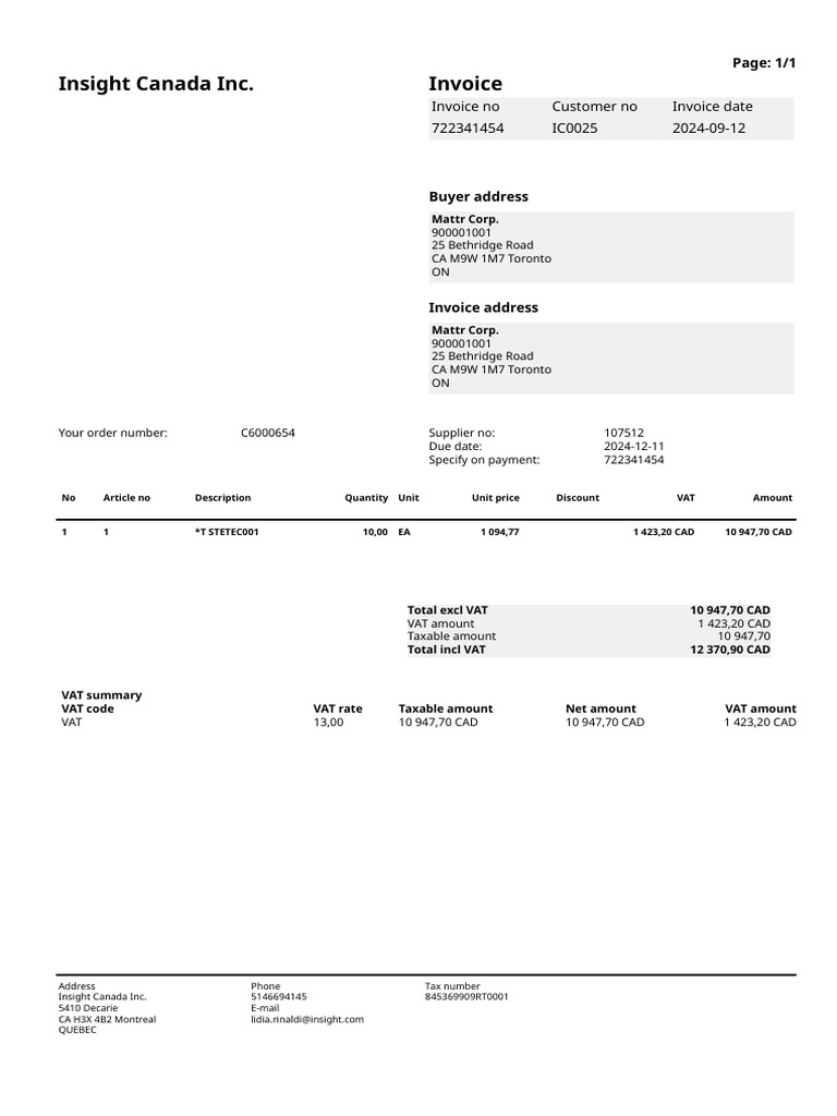 Insight Canada Invoice for Mattr Corp. | PDF | Invoice | Value Added Tax