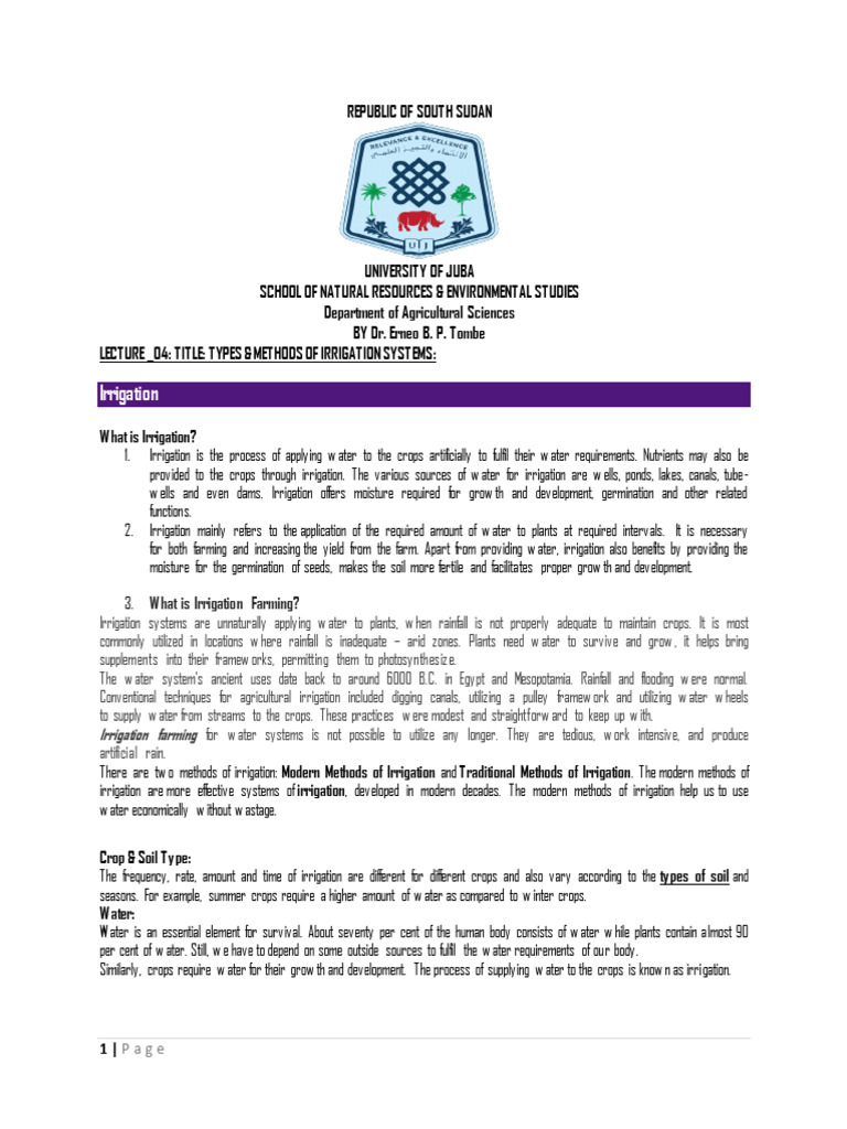 Lecture 04 Types & Methods of Irrigation Systems | PDF | Irrigation ...