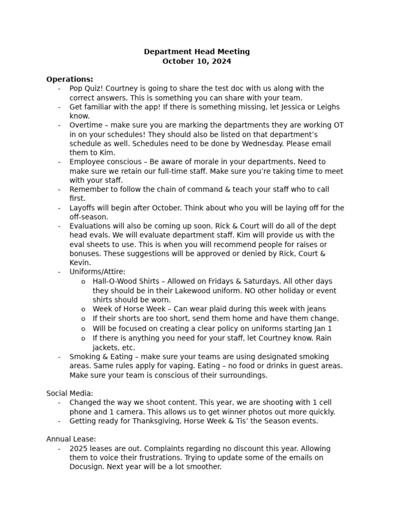 Department Head Meeting Summary | PDF
