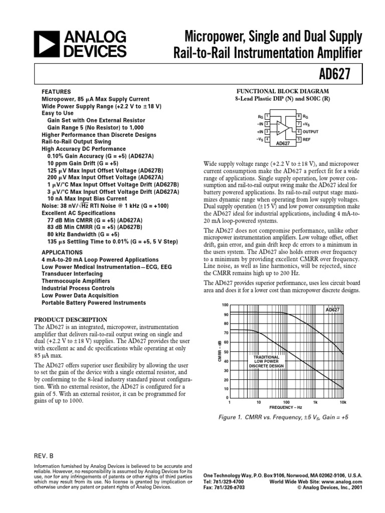 AD627 Micropower Instrumentation Amplifier | PDF | Amplifier ...