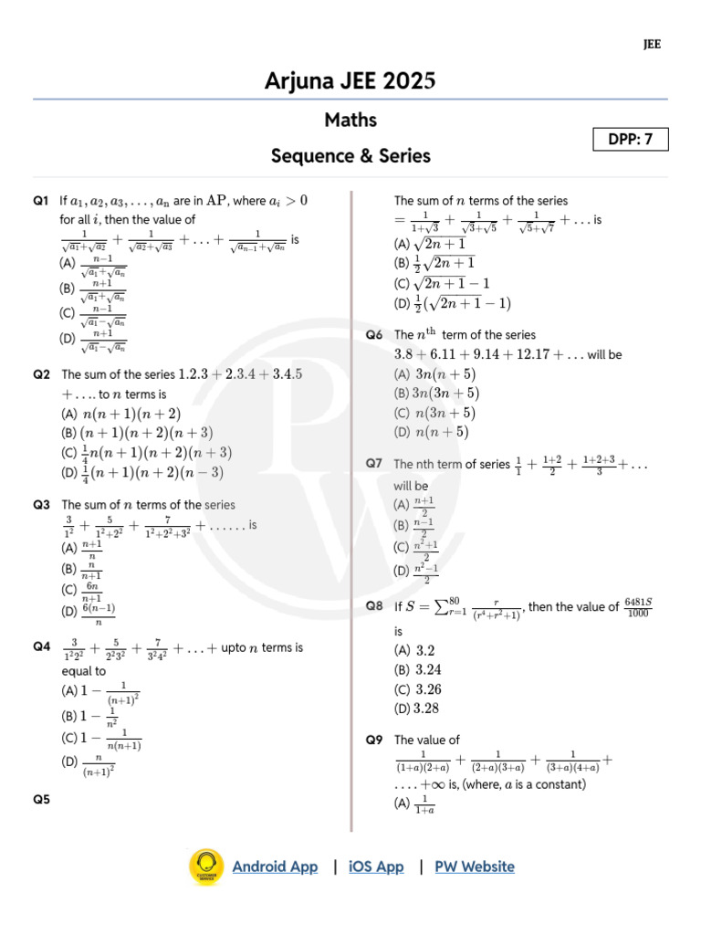 Sequence & Series - DPP 07 (Of Lec 08) - Arjuna JEE 2025 | PDF | Number Theory | Elementary ...