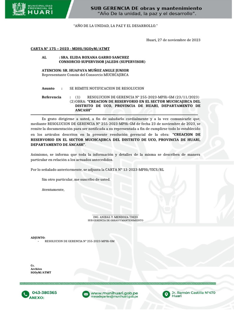 Notificación de Resolución de Obra en Huari | PDF | Negocios | Finanzas ...