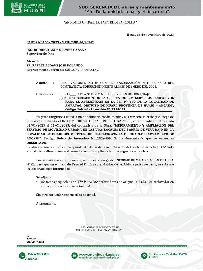 CARTA #166 OBSERVACIONES VALO #03 Ampatag - Contratista | PDF | Negocios | Finanzas y dinero