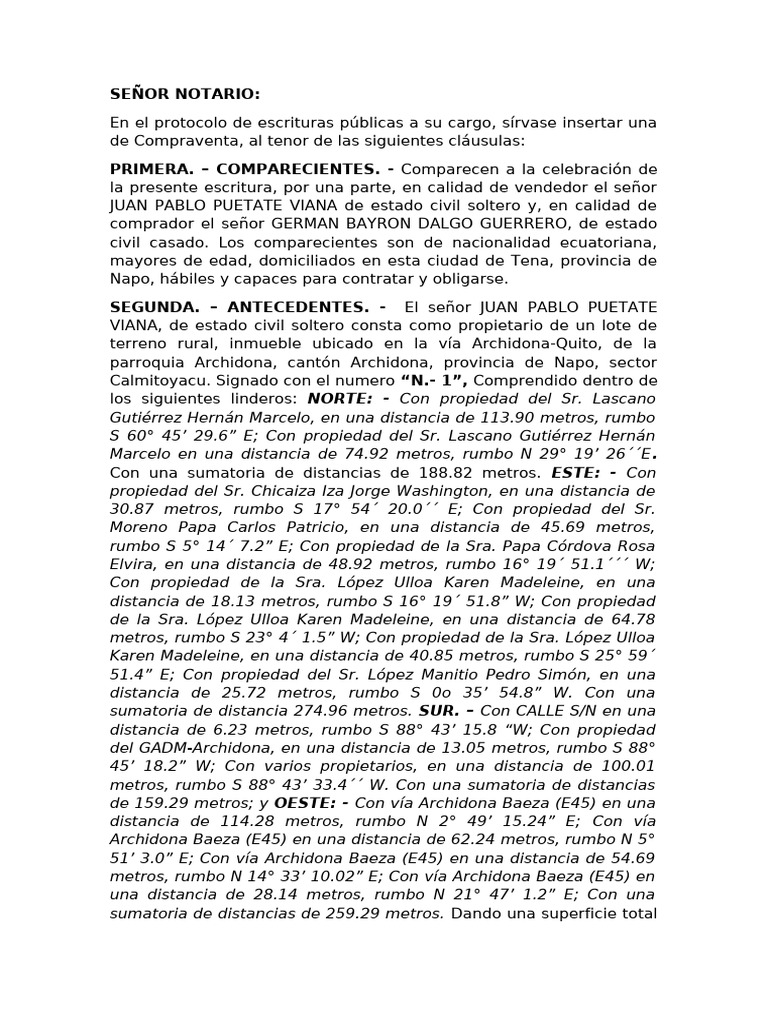 Minuta Compraventa Juan Puetate y German Dalgo | PDF | Ética legal | Conceptos legales
