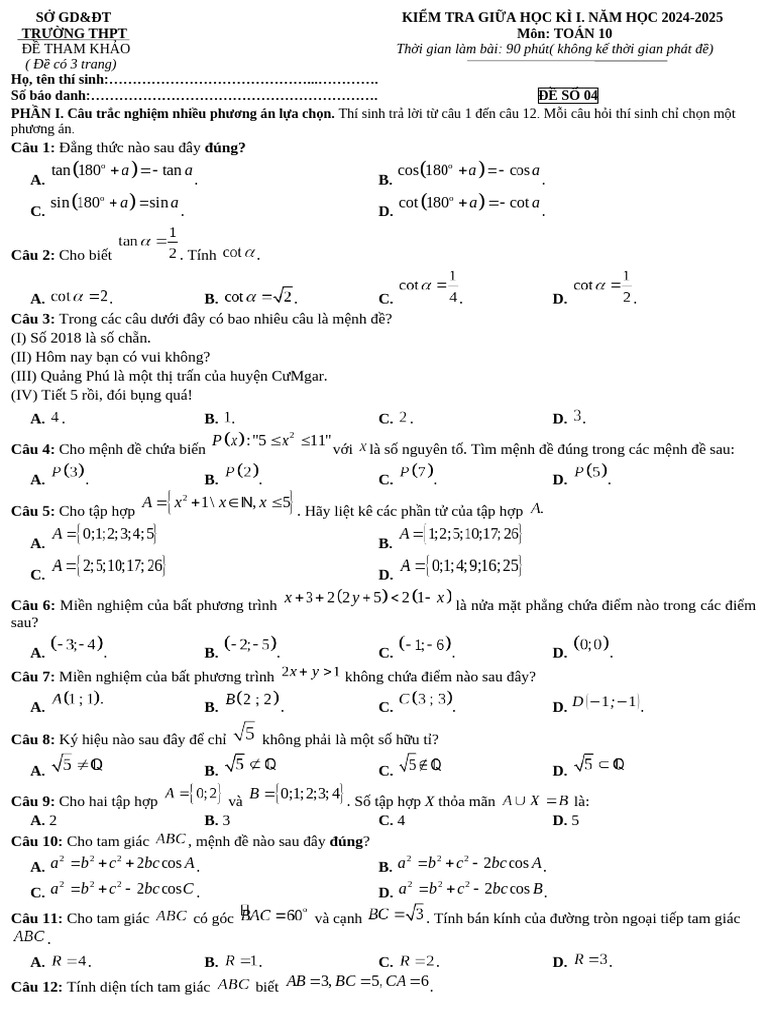 Toán Đề 4 GK1 | PDF