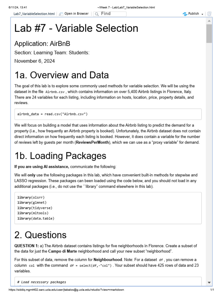 Week 7 - Lab - Lab7 - VariableSelection - HTML | PDF | Computers
