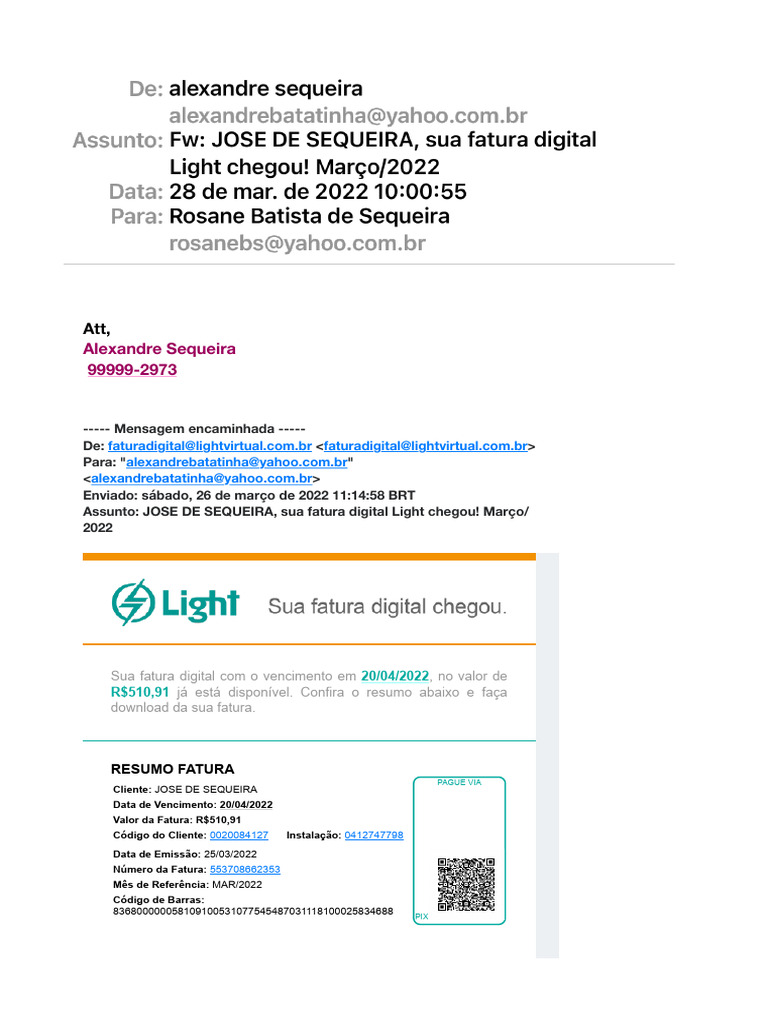 FW JOSE DE SEQUEIRA, Sua Fatura Digital Light Chegou! Março2022 | PDF