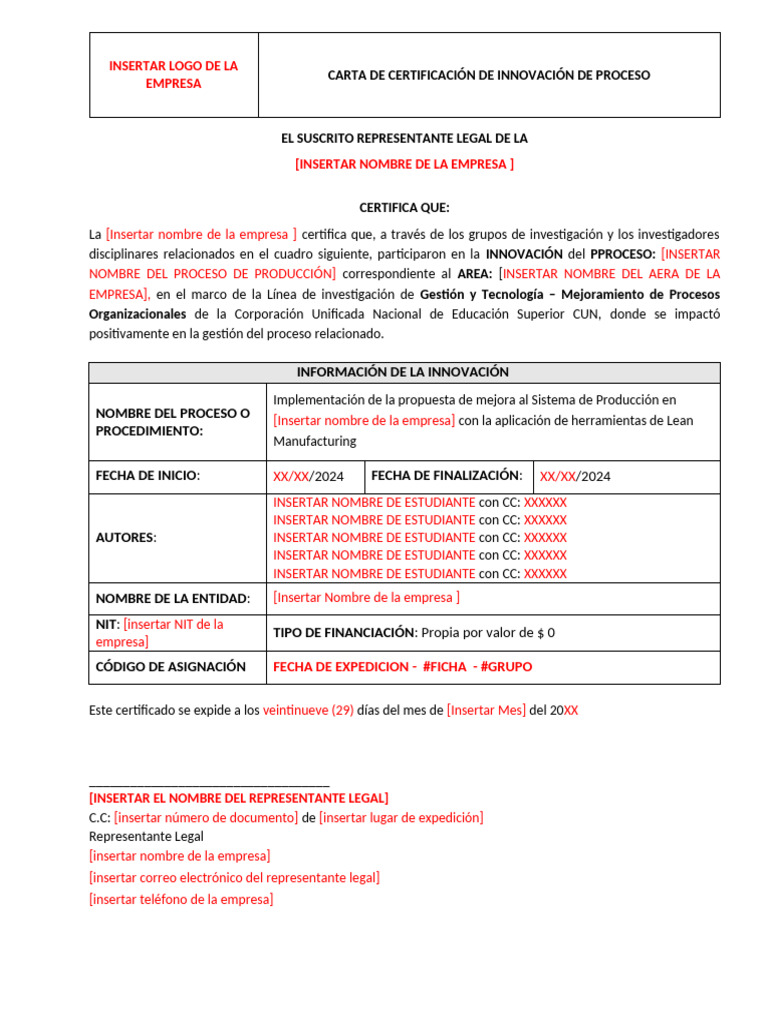 Carta de Innovacion de Proceso Innovacion de Procesos | PDF