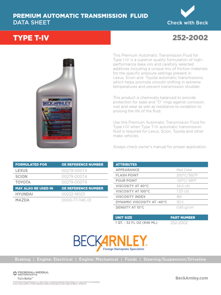 Premium ATF Type T-IV for Lexus & Toyota | PDF | Motor Vehicle ...