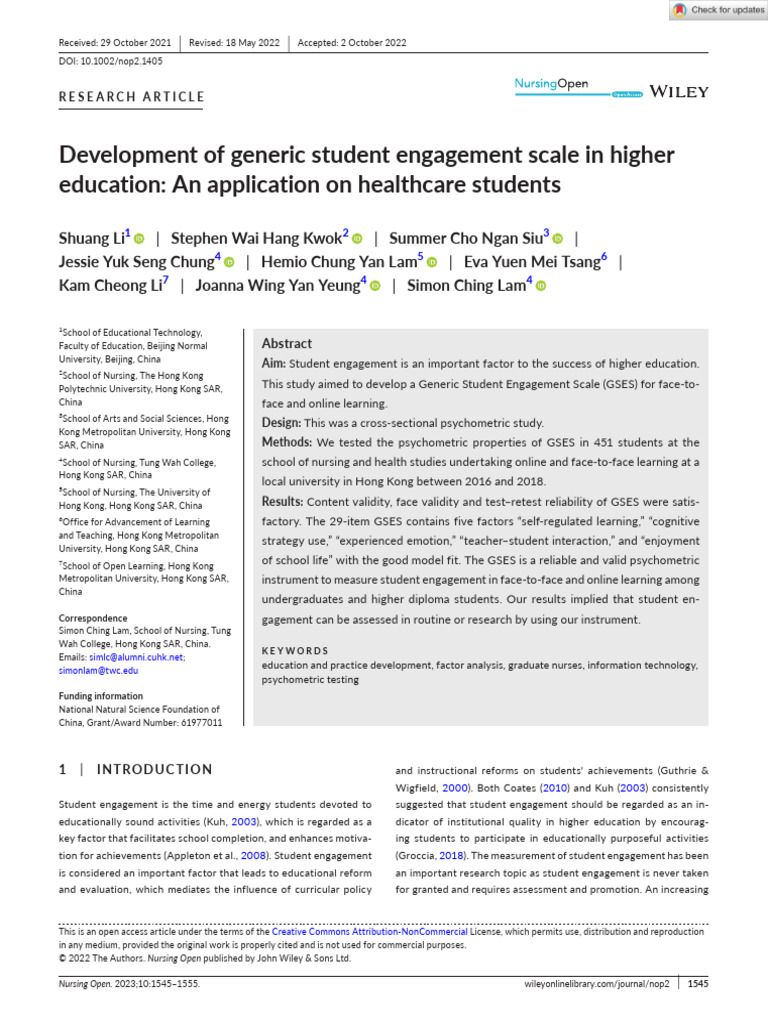 Development of Generic Student Engagement Scale in Higher Education An ...