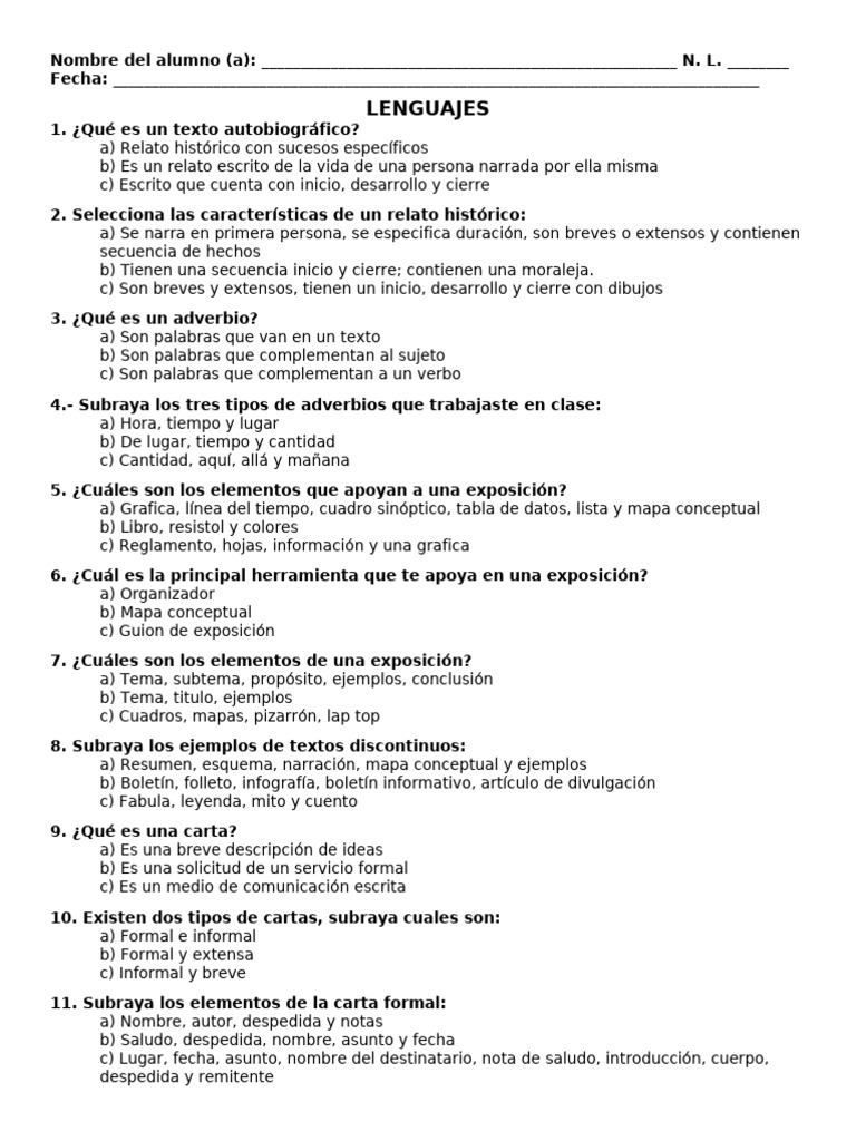Lenguajes Examen | PDF | Artes del Lenguaje y Comunicación | Estudios ...