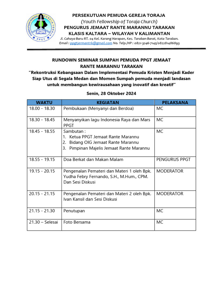 Rundown Seminar Sumpah Pemuda PPGT | PDF