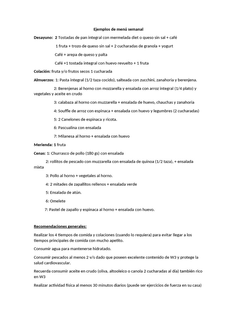 Menu Semanal CerealesA - Hta | PDF | ensalada | Panes