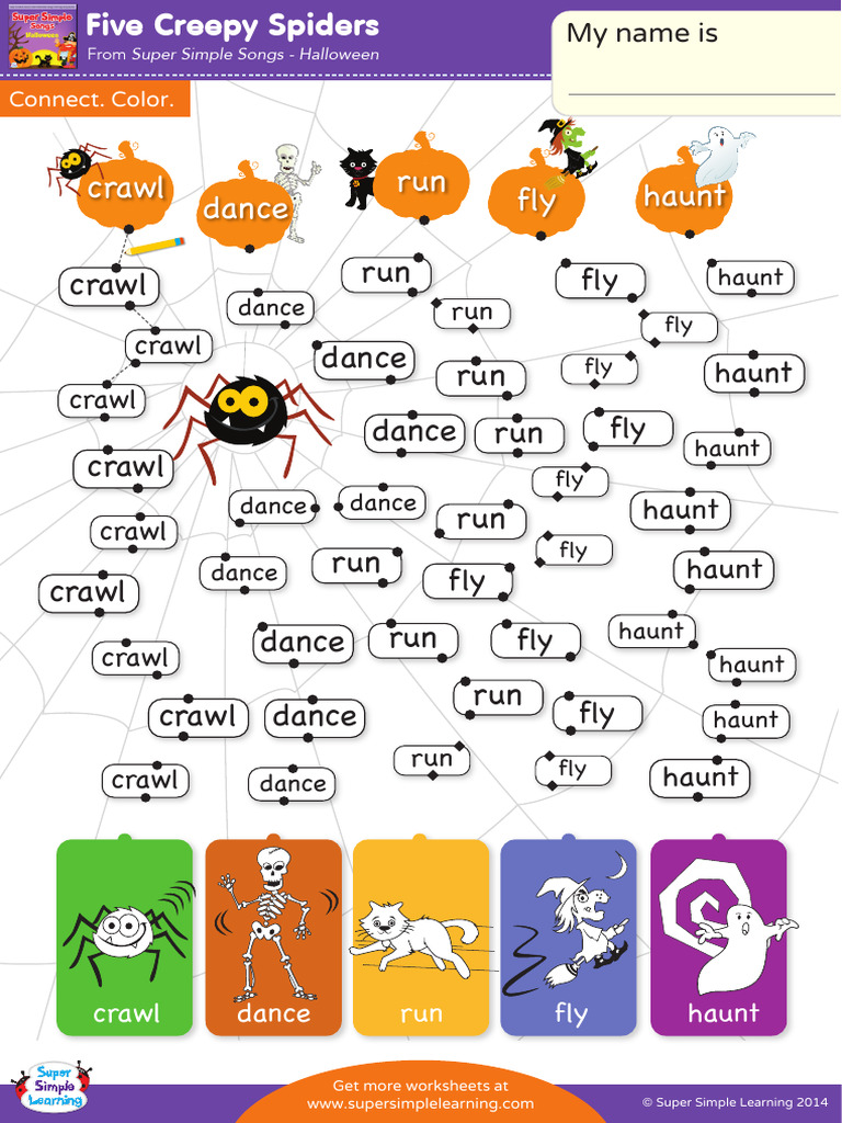 Five Creepy Spiders Worksheet Connect and Color | PDF