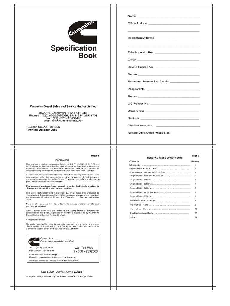 Cummins Diesel Engine Specifications Manual | PDF | Electric Generator ...