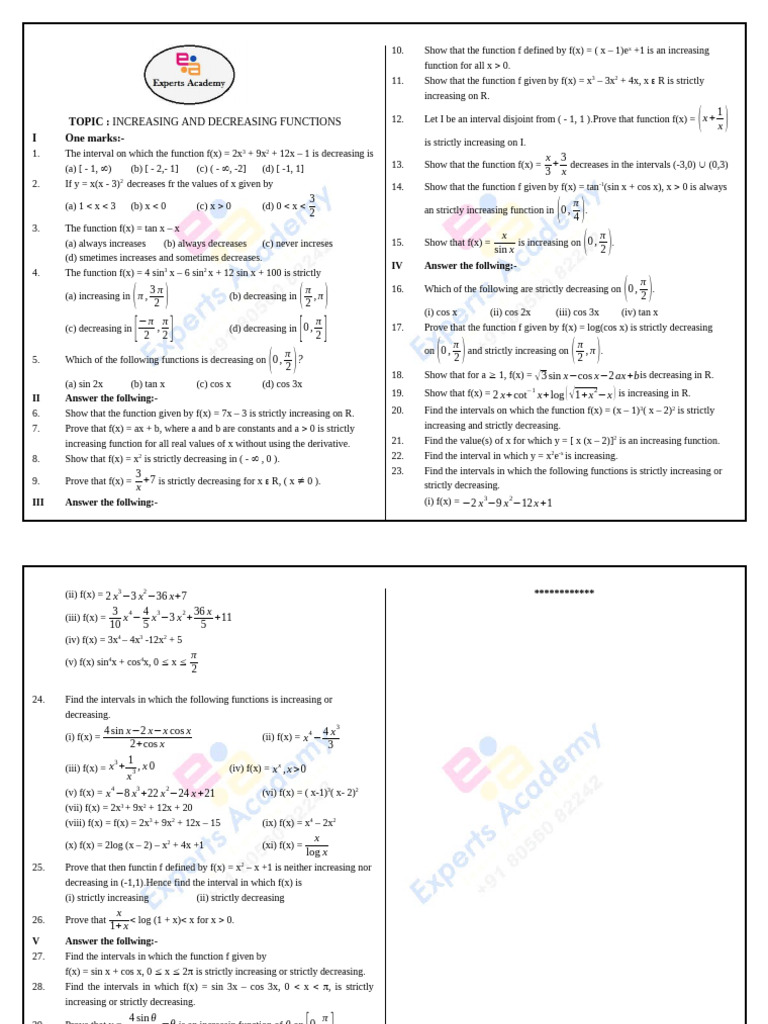 Increasing And Decreasing Functions Gr12 Ws 2 Pdf Trigonometric Functions Monotonic Function