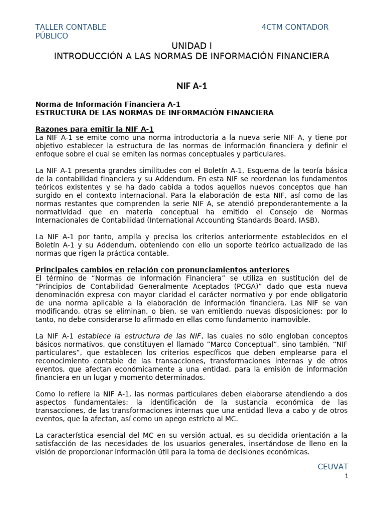 Unidad I Nif A1 Resumen | PDF | Contabilidad | Estado financiero